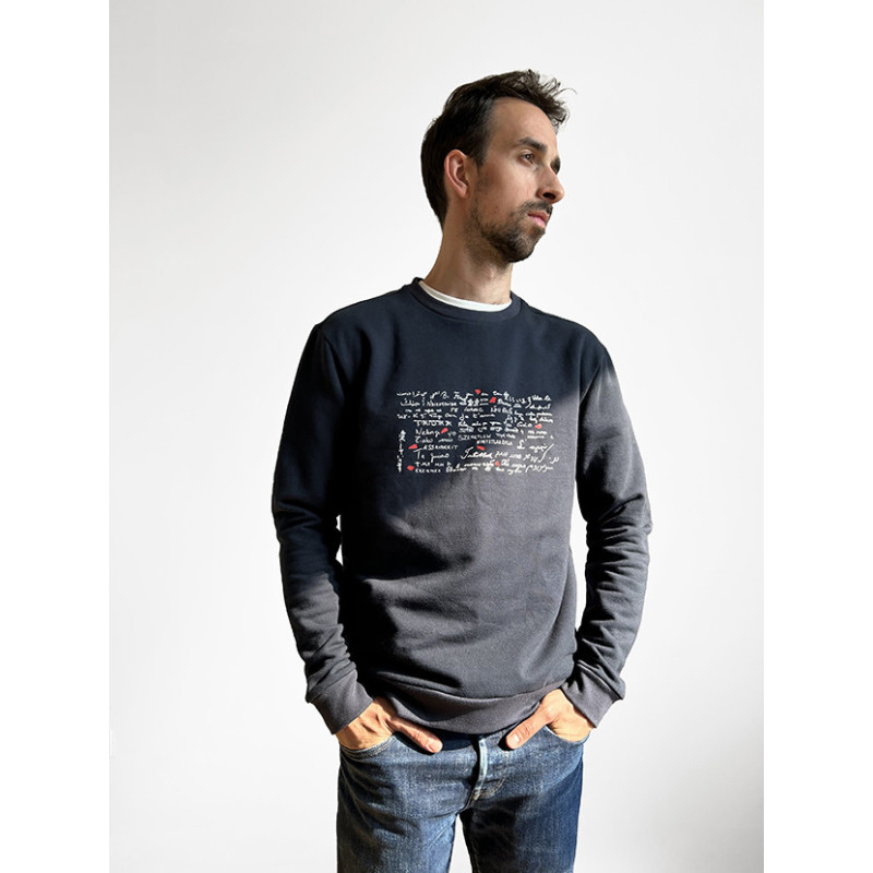 Sweat Samuel marine Le mur des Je t'aime en coton bio - La Gentle Factory